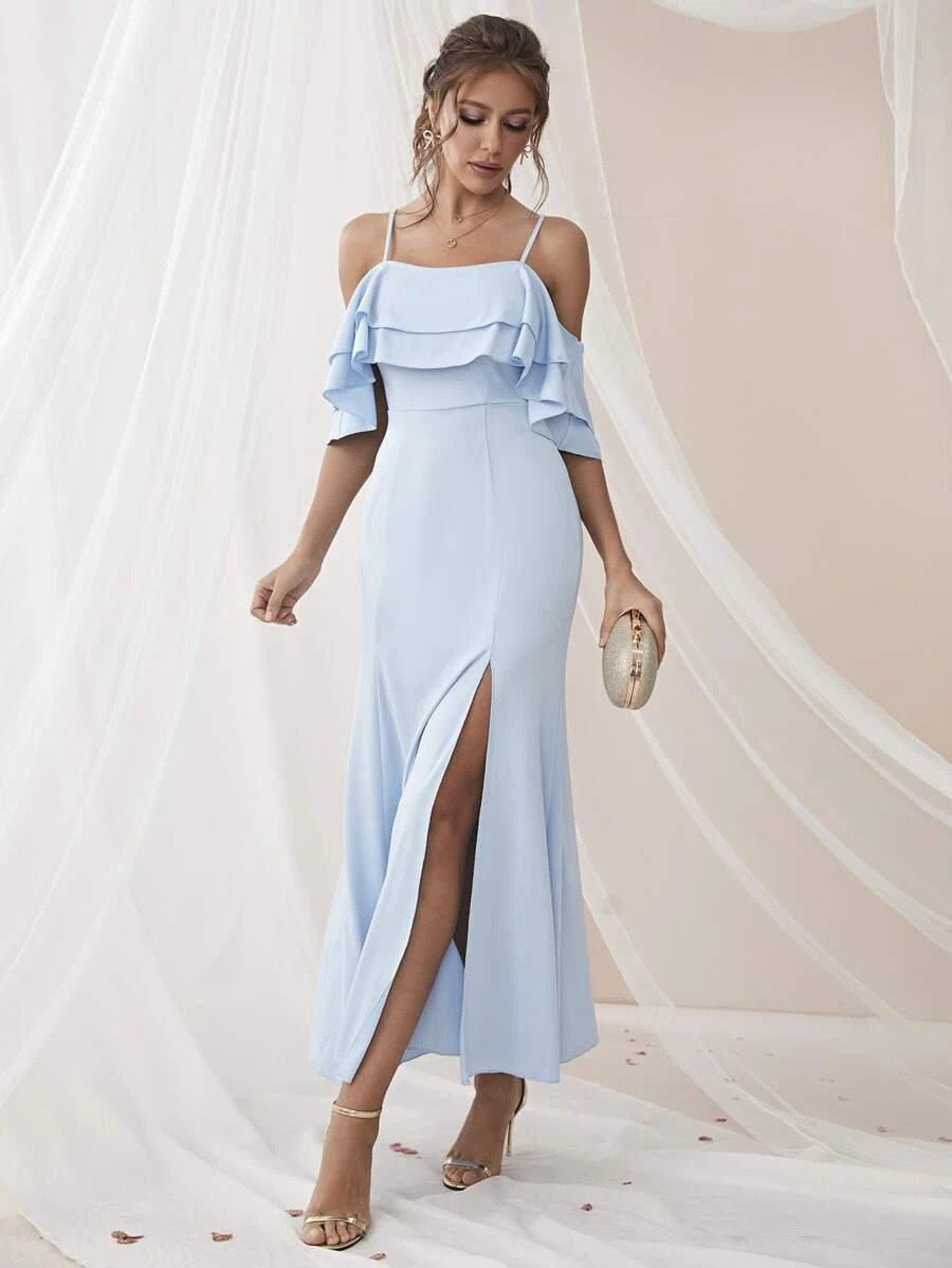 Ruffle Trim Cold Shoulder Dress - Bella Baci Online